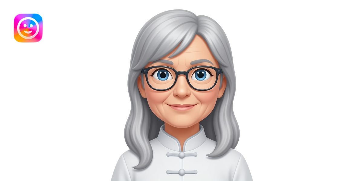 60 years taichi lady medium-long gray hair blue eye and glass emoji ...