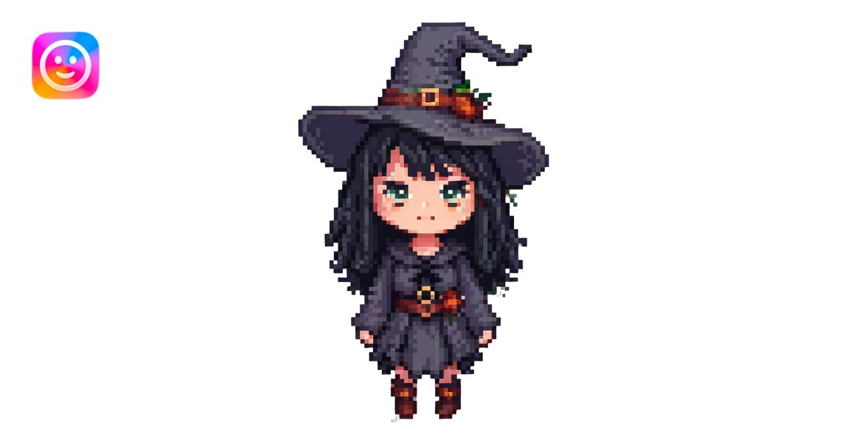 A cute witch with black hair and black eyes, pixel art style, facing ...