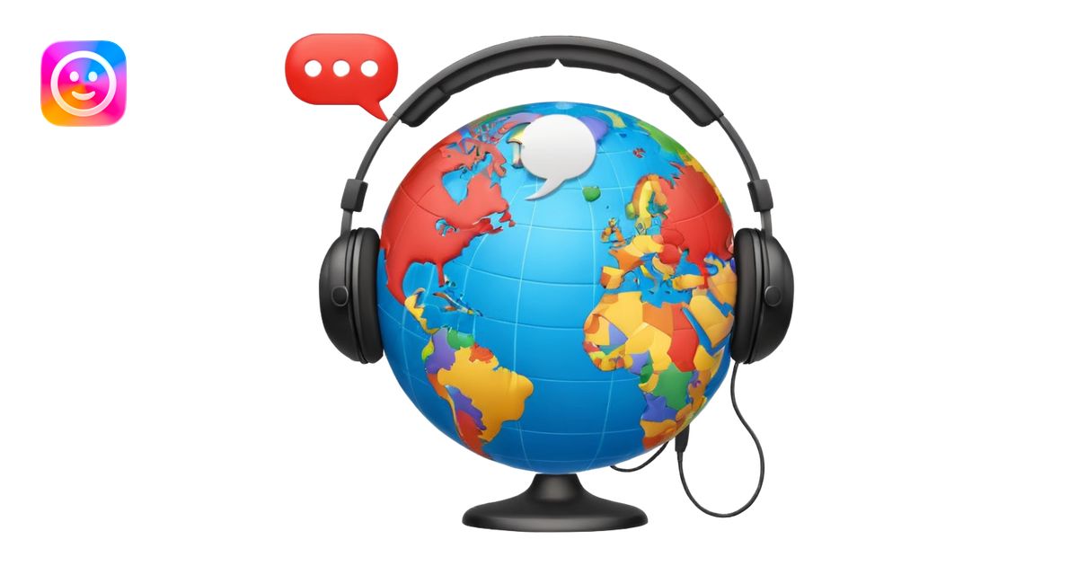 globe with headphones and speech bubbles in different languages emoji ...