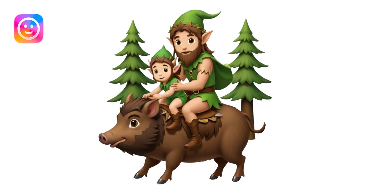 tiny forest elf man long brown hair beard riding baby boar emoji | AI ...