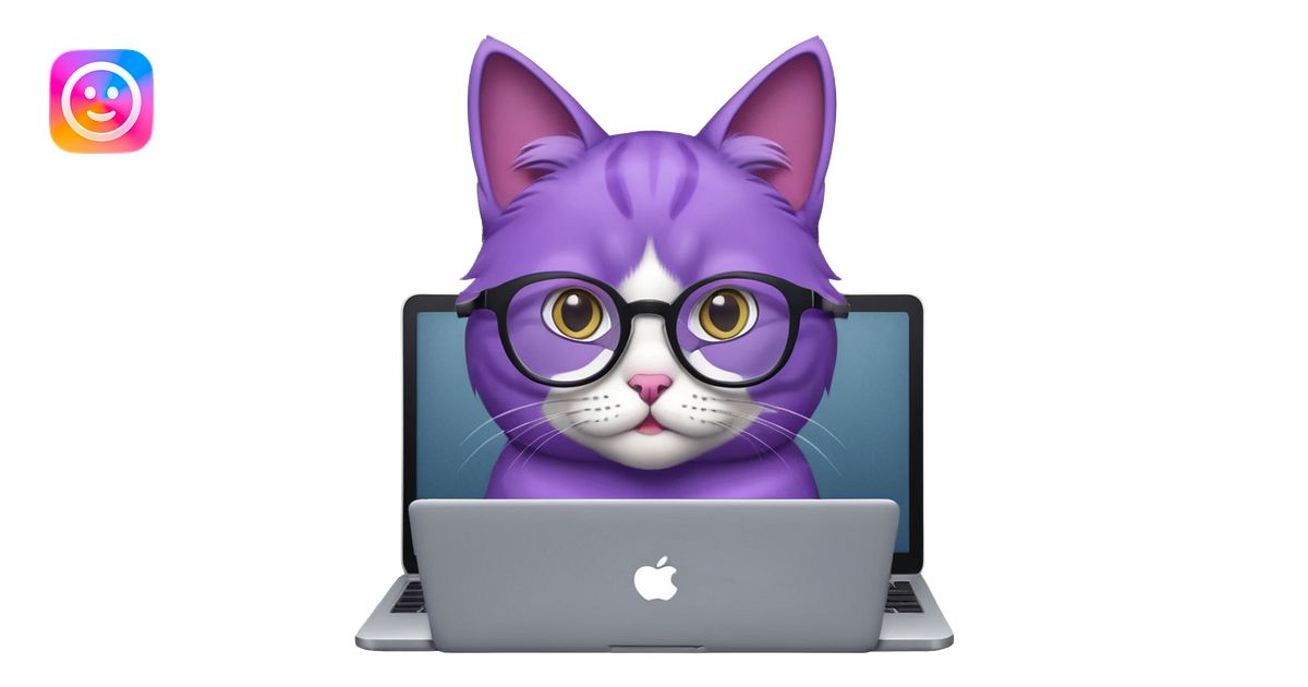 smart purple cat in glasses with laptop emoji | AI Emoji Generator