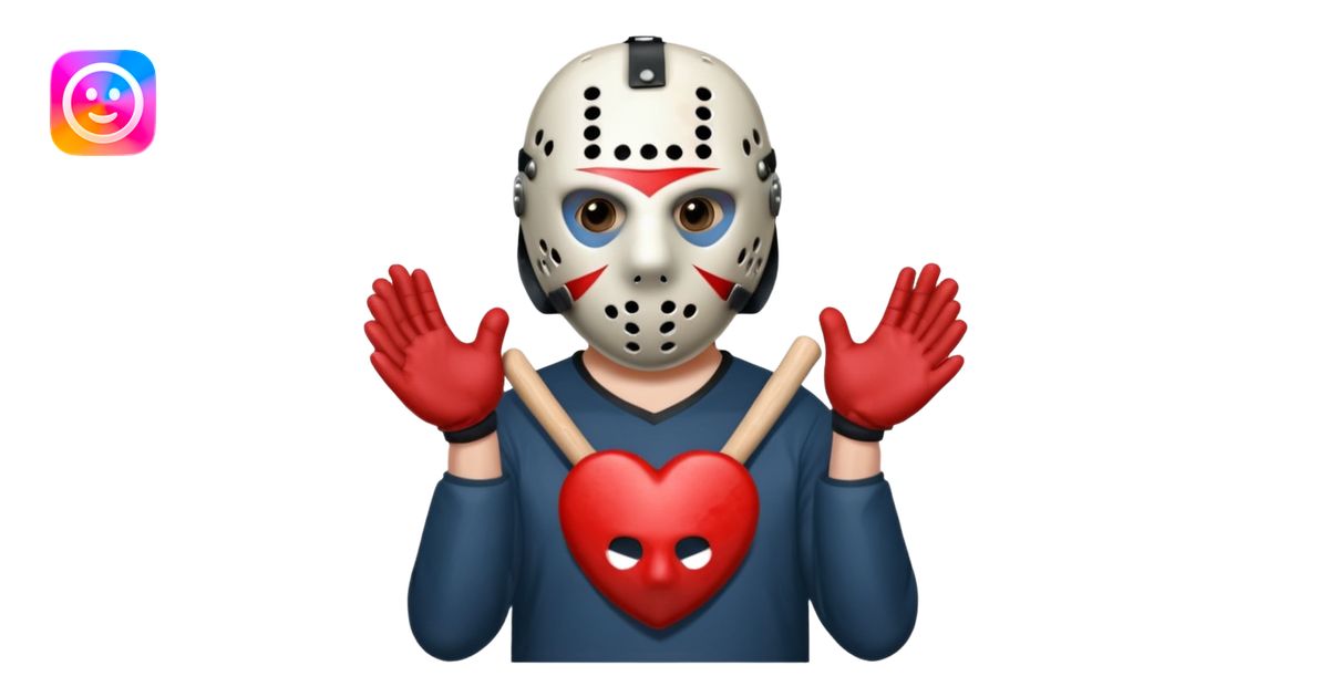 Jason Voorhees, looking cute, heart hands emoji | AI Emoji Generator