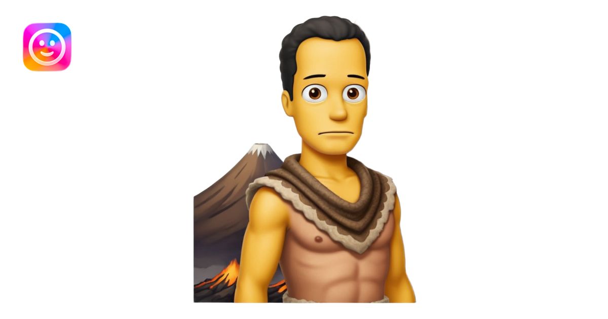 a simpson guy wearing ancient animal skin cloth with volcano behind ...