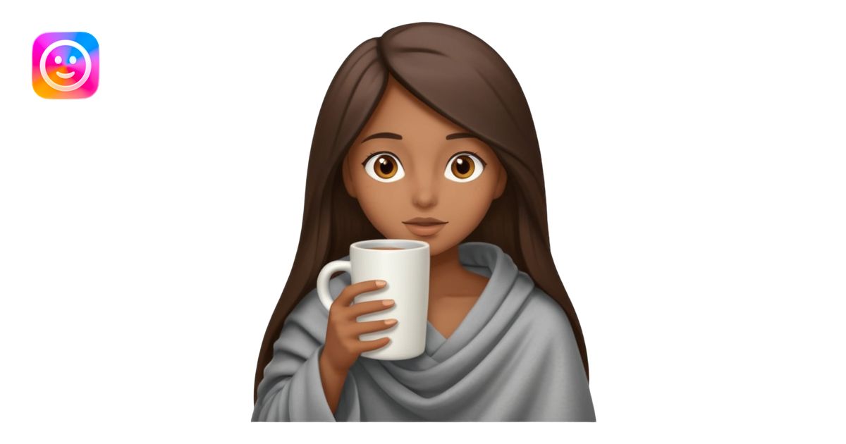 A girl with brown eyes, an ios emoji, long straight hair, wrapped in a ...