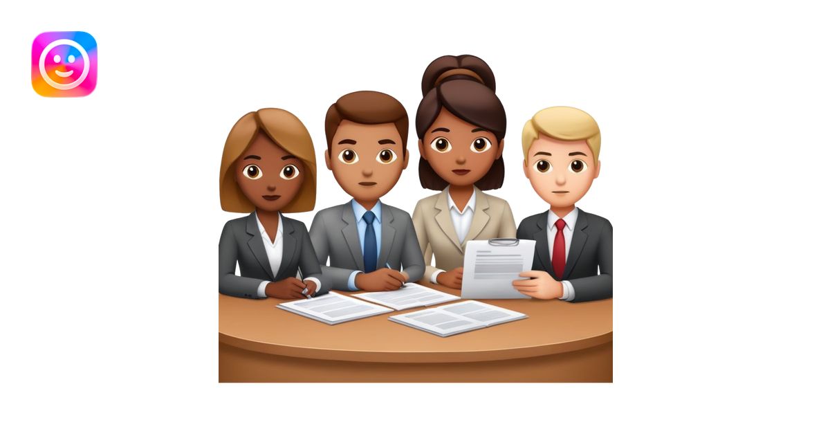 business team sharing documents at office meeting table emoji | AI ...