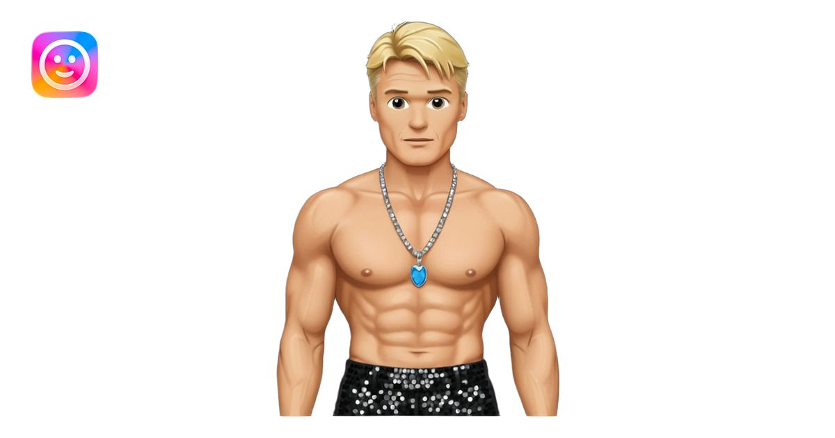 Dolph Lundgren with black sequin baggy pants, shirtless with necklace ...