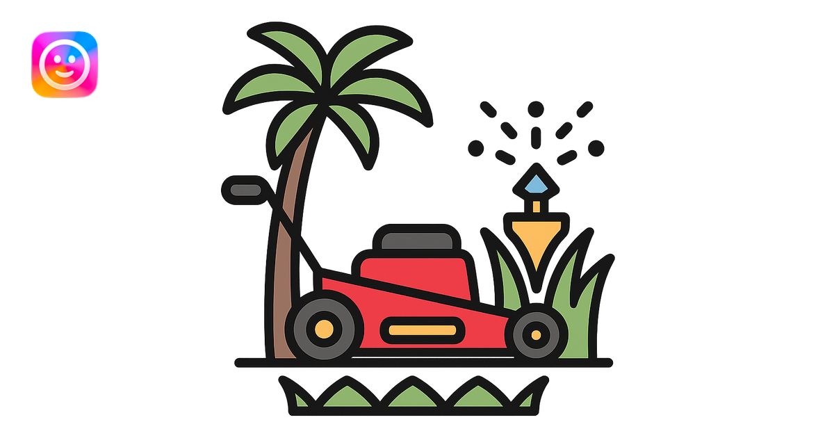 logo for lawn care company with lawn mower mowing grass, palm tree in ...