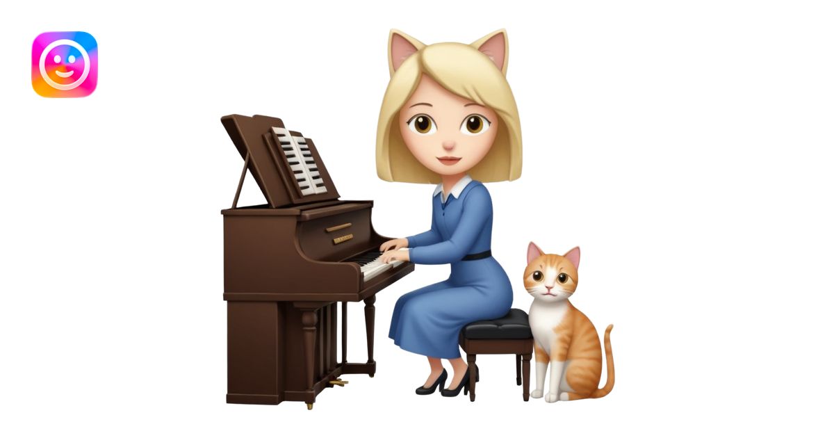 woman playing piano while her cat sits on top of the piano emoji | AI ...