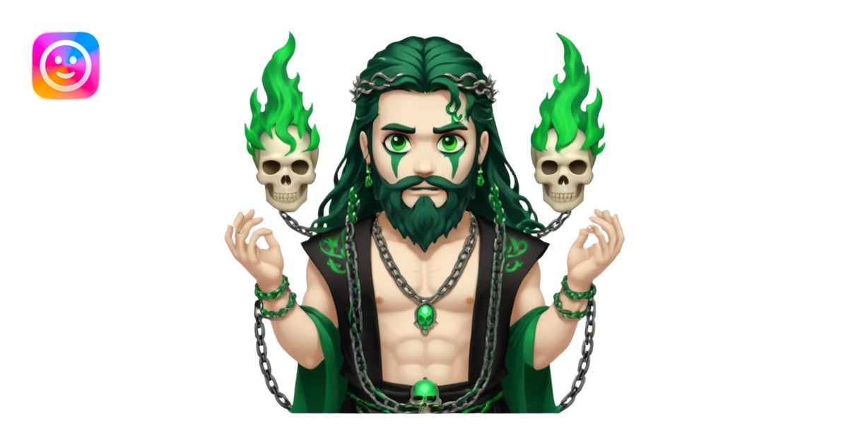 hades greek god with green flames and beard with chains on his arms and ...