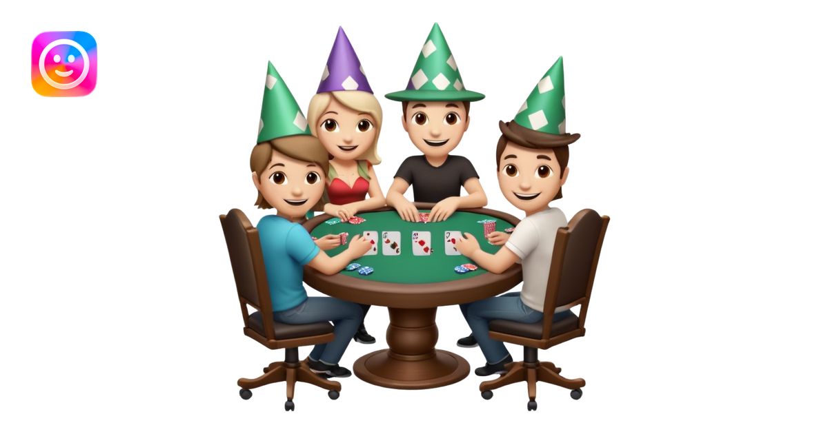 A 3D cartoon poker table with cards, chips, and smiling players, soft ...