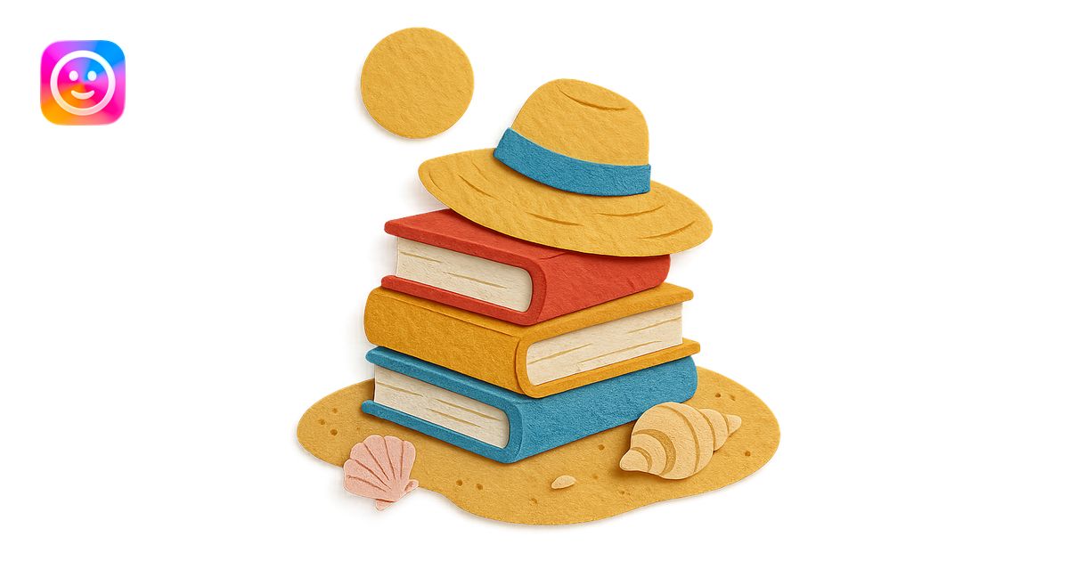 illustration of a stack of books on a sandy beach, with seashells and a ...