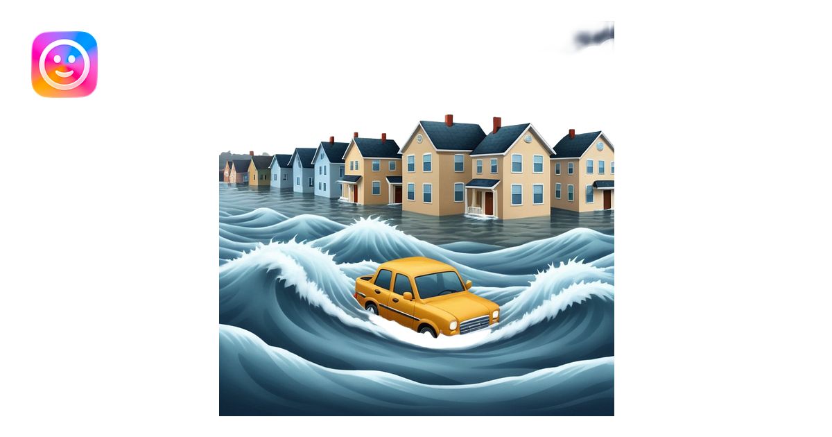 showing a flood disaster scene with strong water waves overflowing ...