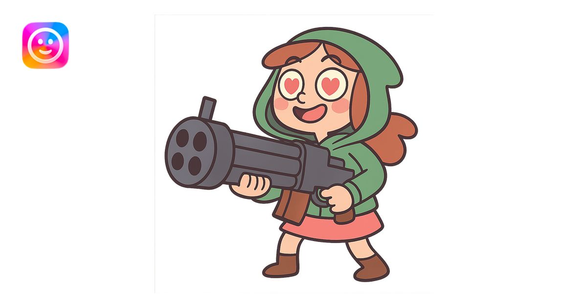 cheerful stalker girl with a massive machine gun, cute and exaggerated ...