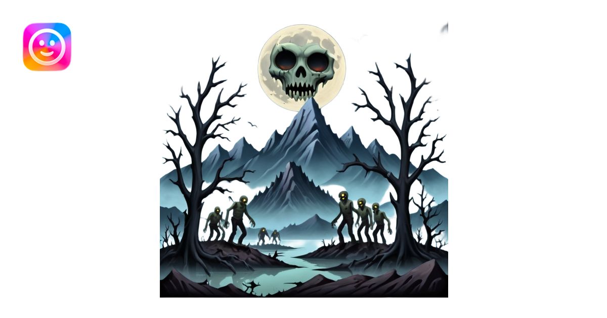 A dark creep Alaskan land scape with rotting trees and zombies rising ...