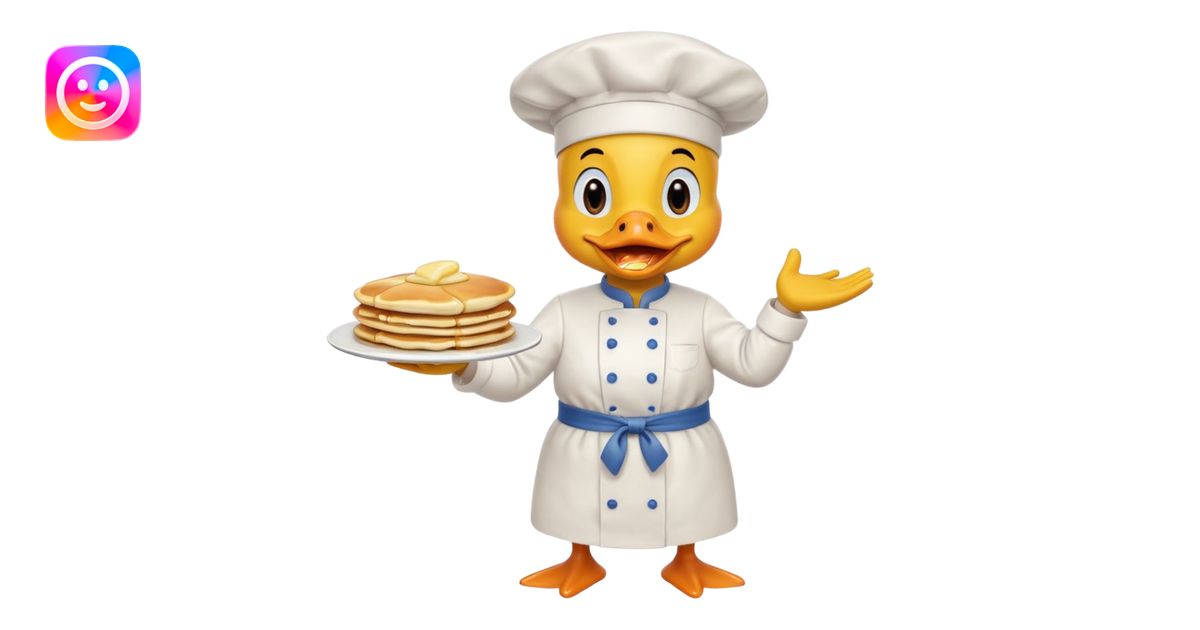 A chef duck wearing a tiny apron, flipping pancakes confidently. emoji ...