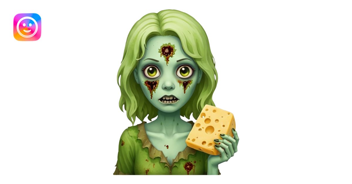 woman zombie holding moldy cheese piece emoji | AI Emoji Generator