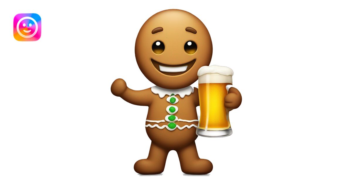 Gingerbread man smiling really big while holding beer glass emoji | AI ...