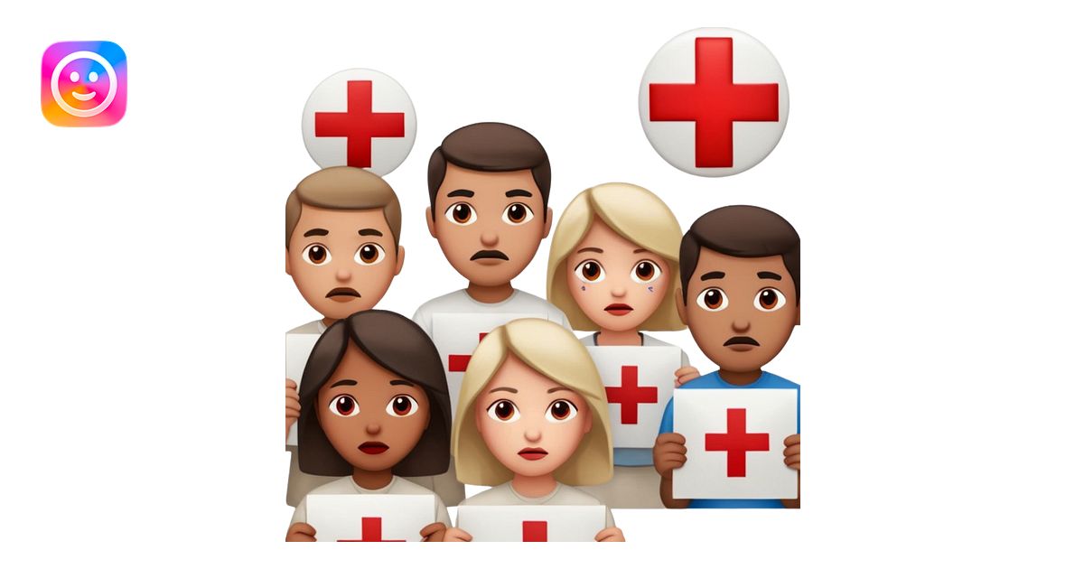 a crowd of people with unhappy faces, holding posters with a red cross ...