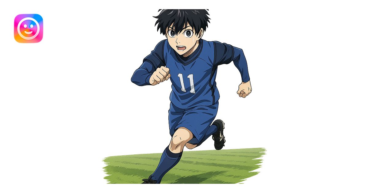 Isagi Yoichi, running on a soccer field, blue uniform, anime style ...