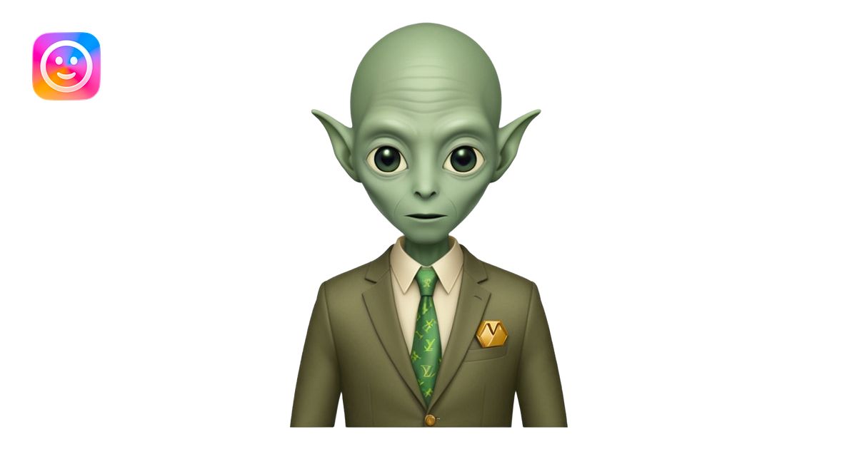 Green tall alien wearing Louis Vutton suit emoji | AI Emoji Generator