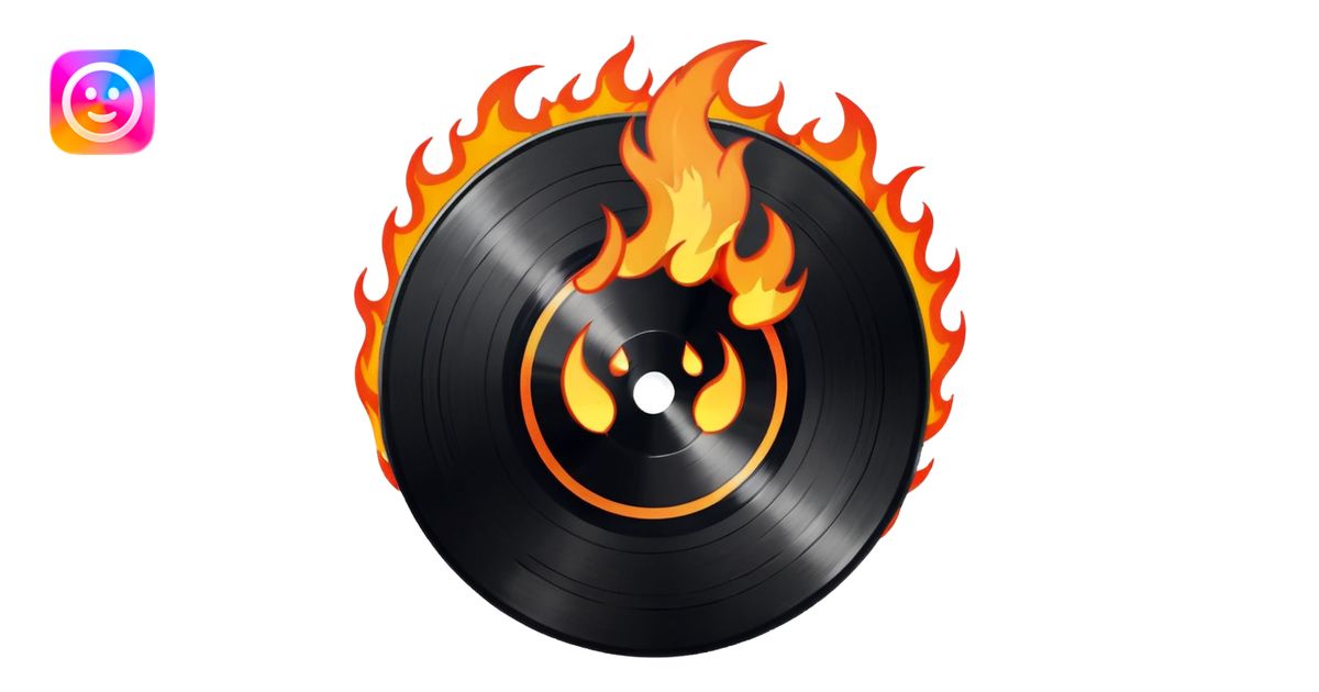 a black vinyl record white sticker and flames emoji | AI Emoji Generator