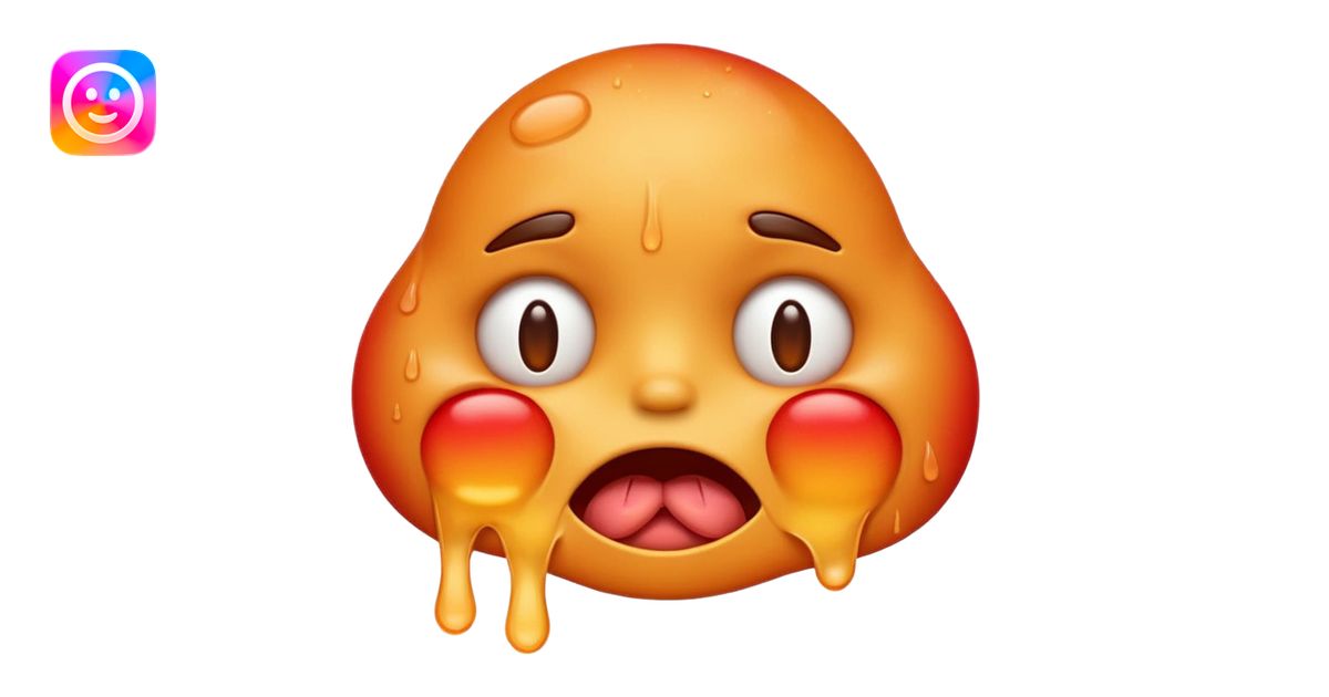 Apple-style emoji illustration of a melted, overheated face with sweat ...