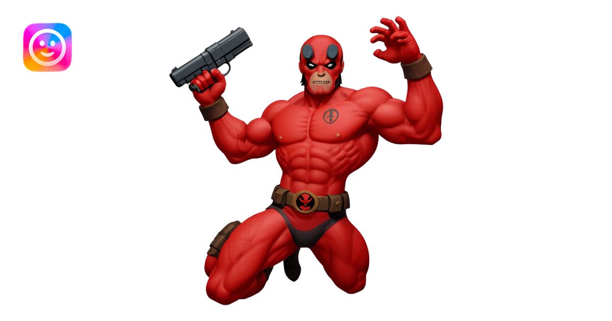 cinematic realistic superhero Hellboy by Mike Mignola jumps and shoots ...