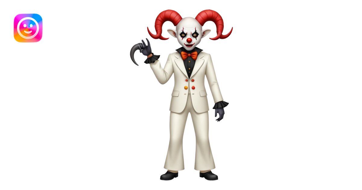full-body demonic clown in a white leisure suit with bellbottom pants ...