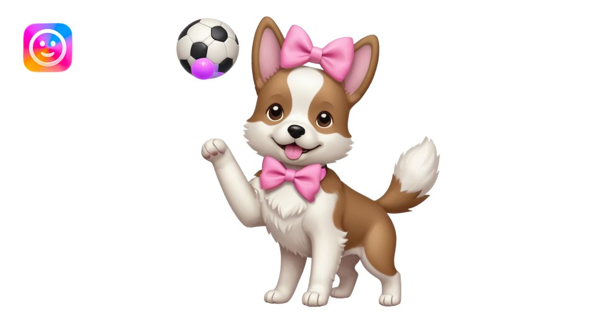 girly dog with a pink bow jumping in the air to catch a ball emoji | AI ...