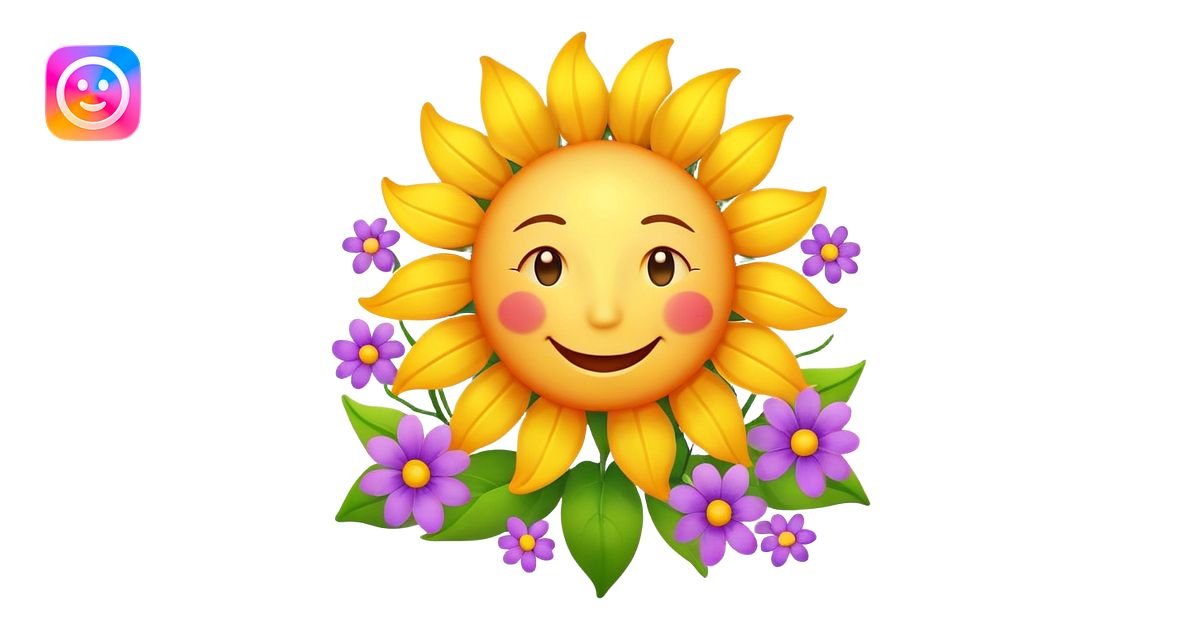 Happy smiling sun character with spring flowers blooming around it ...
