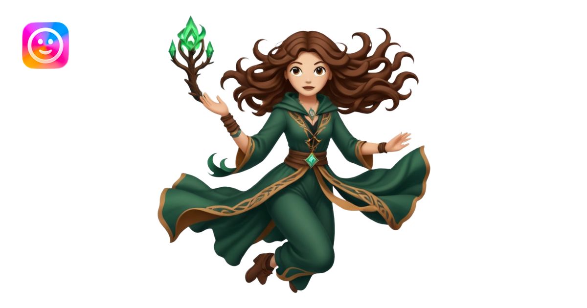 forest mage woman long wavy brown hair tattoos drawing symbol mid-air ...