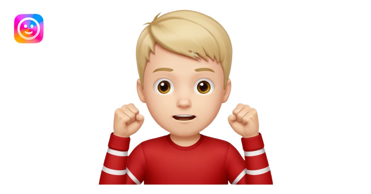 A boy with stripes across his cheeks, raising his fists in excitement ...