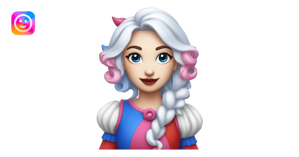 A jester with a round white head,pink blush – red and blue pinwheel ...