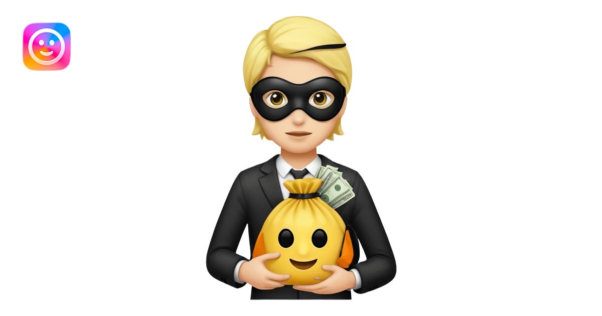 yellow skin robber wears black eye mask and carrying money bag emoji ...