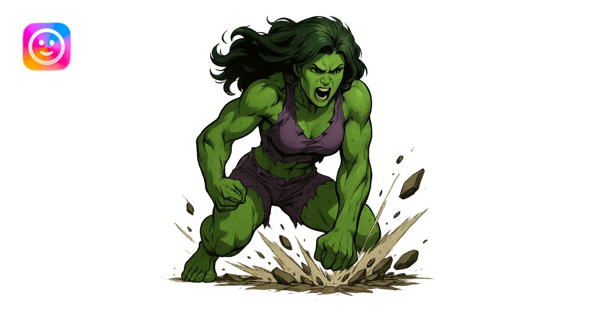 angry woman Hulk smashing the ground, green skin, muscular build, torn ...