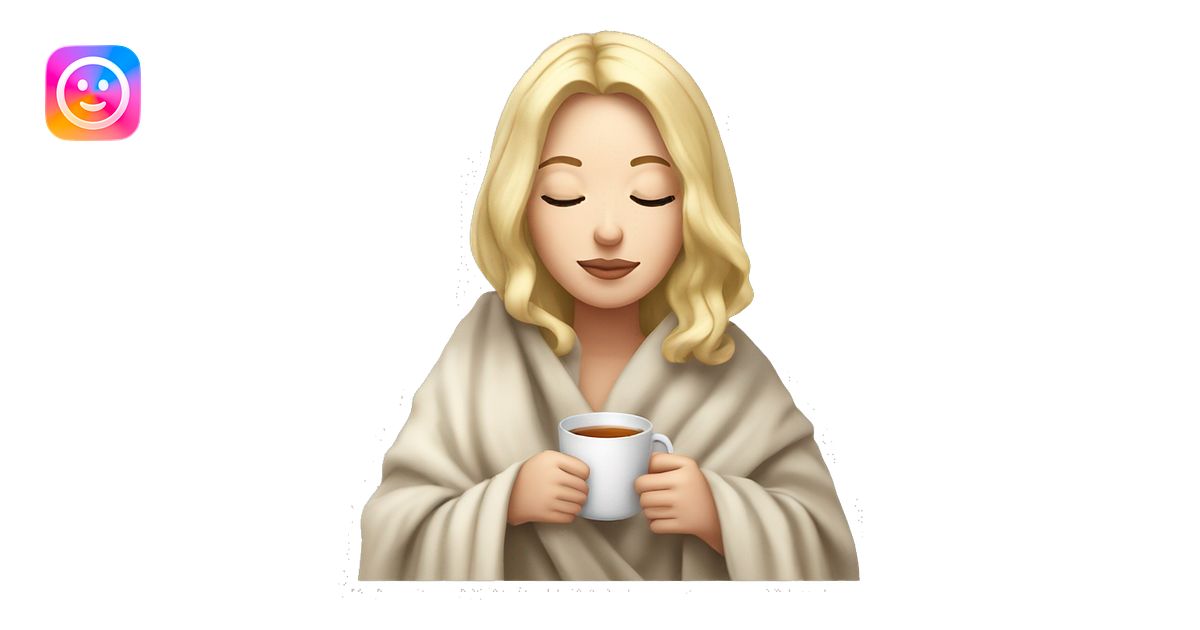 White Girl with blonde hair sipping tea with eyes closed and blanket ...