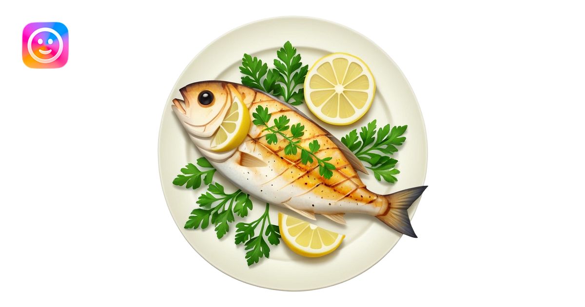 Draw a grilled fish fillet on a plate with lemon slices & herbs. emoji ...