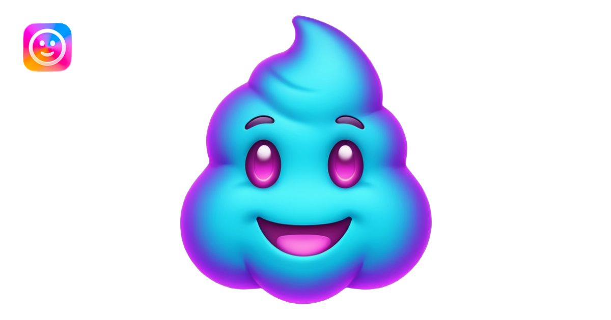 futuristic glowing poop emoji with funny smiling face, purple and cyan ...