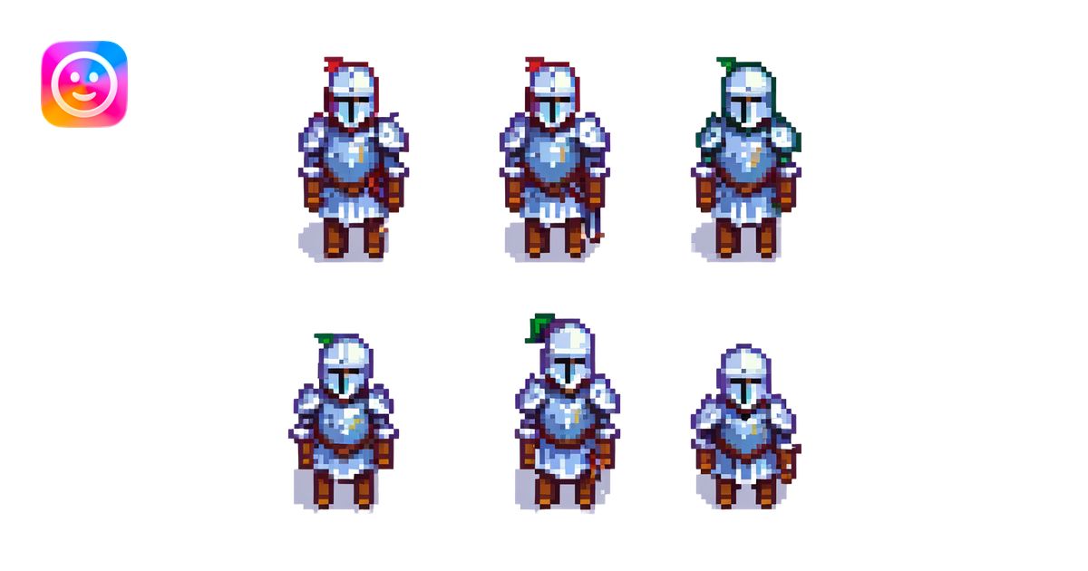A pixel art knight in armor with a closed helmet, expressing boredom ...