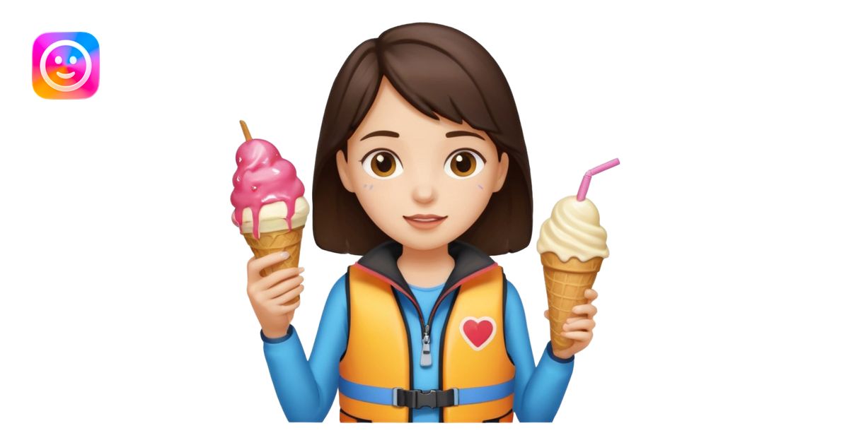 girl brunet kid wearing lifejacket, holding ice cream emoji | AI Emoji ...