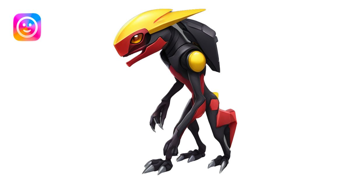 a shiny black-red-yellow Genesect-Raptor-Fakémon—hybrid with a ...