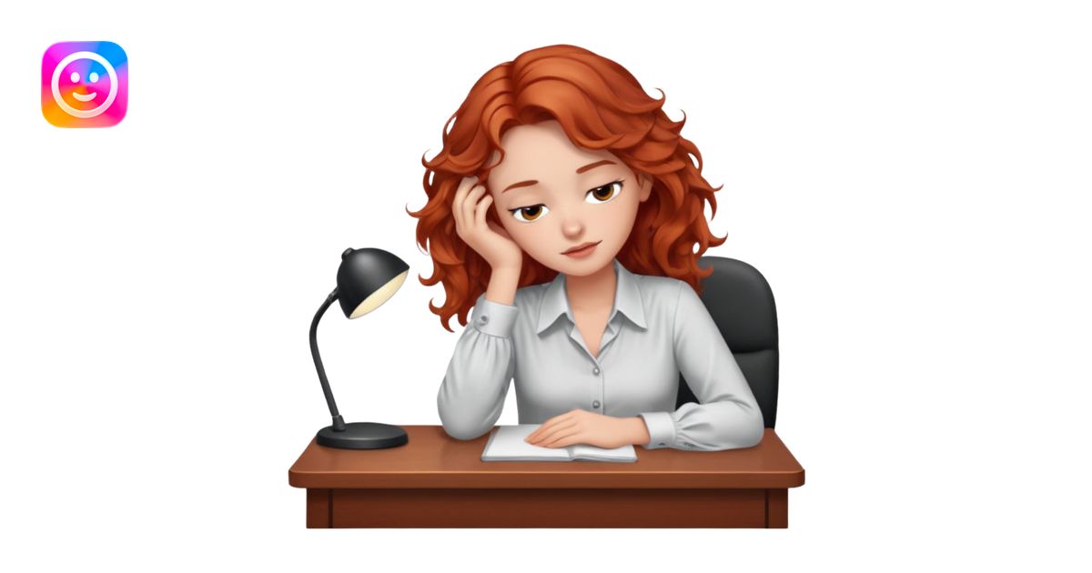 Pretty model, brown eyes, soft red wavy hair, falling asleep at desk ...