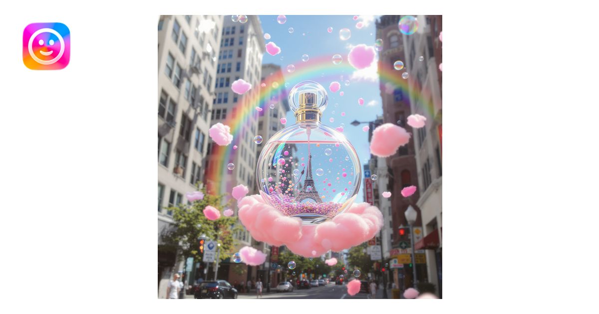 Cinematic still perfume inside bubbles flying around San Francisco ...
