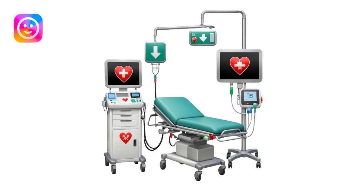 An emergency room corner with defibrillator, monitors, and crash cart ...