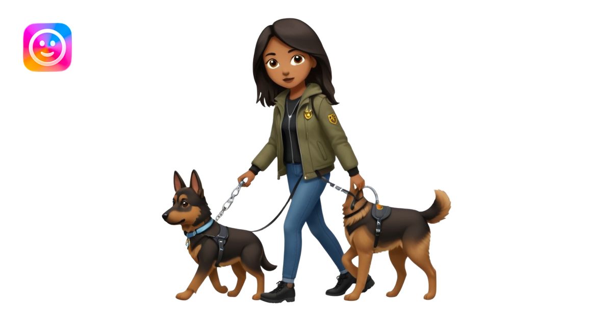 a girl with a brown dark long hair, she's walking her dog is a german ...