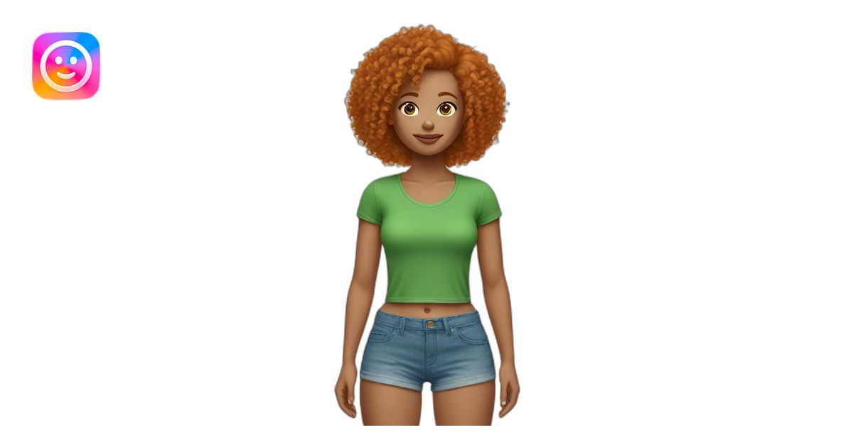 Curly Ginger woman, green crop top, blue shorts, light skin emoji | AI ...