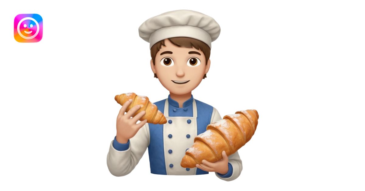 Young male baker – holding a croissant, flour on clothes emoji | AI ...