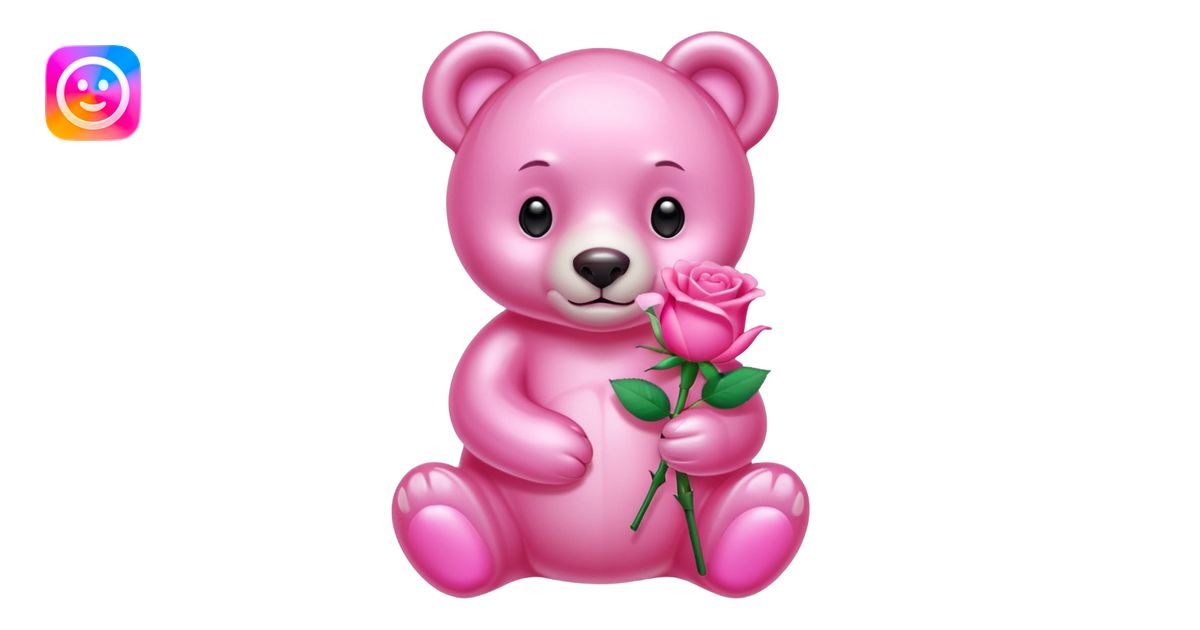 pink glass bear holding a pink rose emoji | AI Emoji Generator