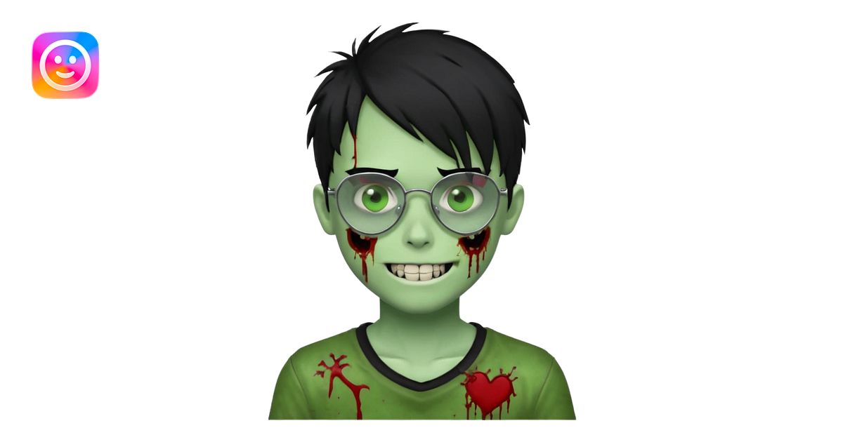 Zombie emo boy, green skin and black hair, chrome heart glasses and a ...