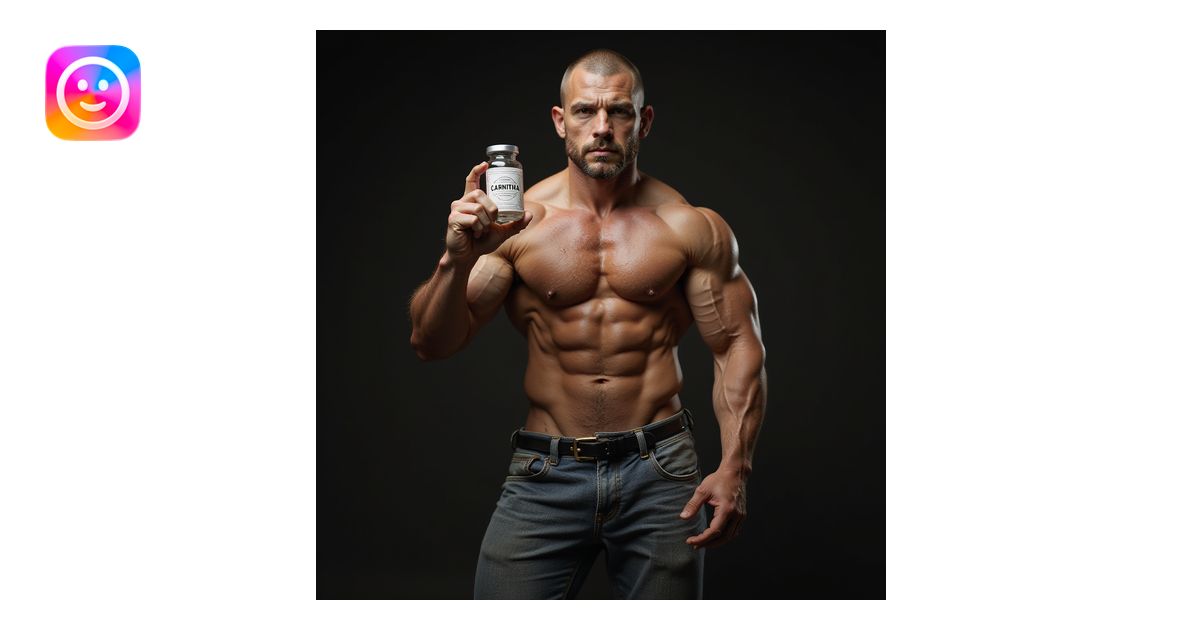 realistic bodybuilder in competition pose holding a vial with ...